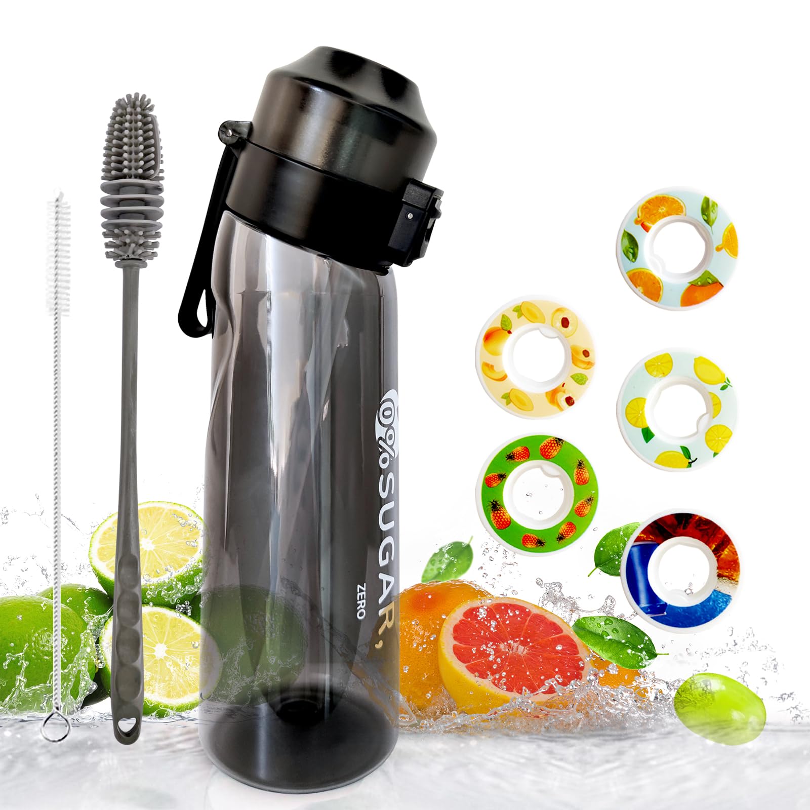 ECENUR Air Water Bottle With 5 Flavor Pods, Sports Air Water Bottle BPA Free,750ML Straw Drinking Bottles,Scent Water Cup For Gym Outdoor Gift (Black+5 pod)