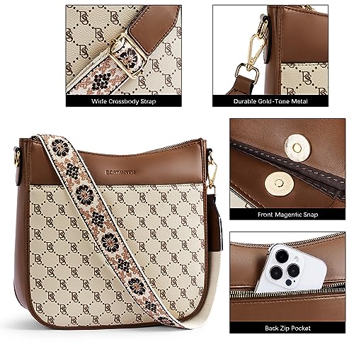 BOSTANTEN Crossbody Bags for Women Trendy Vegan Leather Hobo Purses Shoulder Handbags With Wide Shoulder Strap Coffee with Beige