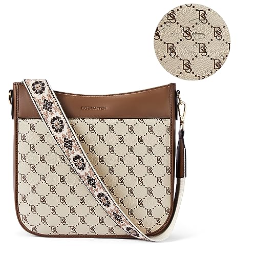 BOSTANTEN Crossbody Bags for Women Trendy Vegan Leather Hobo Purses Shoulder Handbags With Wide Shoulder Strap Coffee with Beige