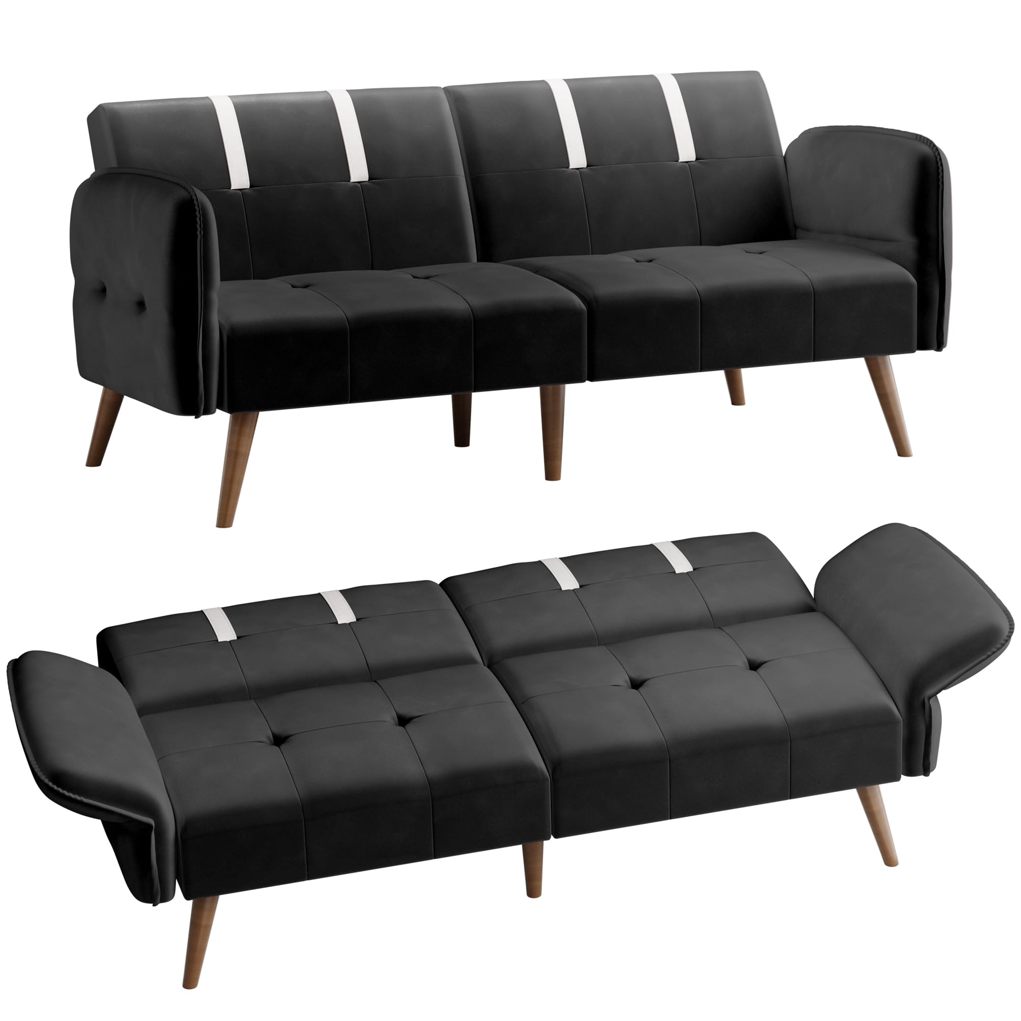Shintenchi Futon Sofa Bed Modern Folding Sleeper Couch Bed for Living Room,Velvet Loveseat Sofa Couch Sofa cama for Apartments Office Small Spaces,w/Adjustable Armrests Backrest,Black