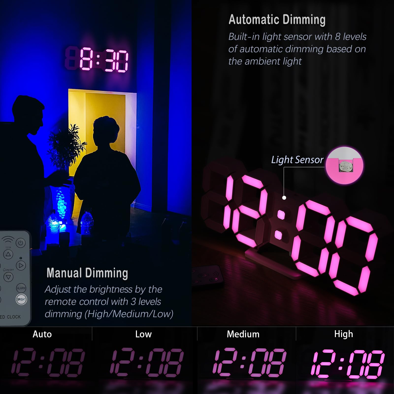 KOSUMOSU Pink LED Clock 3D Wall Clock 9.7" Table Clock for Living Room Modern Digital Clock for Bedroom Aesthetic Bedside Desk Clock with Remote/Dimming/12/24H/Temp/Alarm Clock/Date