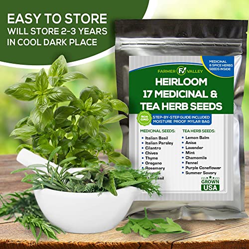 Medicinal and Tea Herb Seeds Collection - Over 4,500 Heirloom and Non GMO Garden Seeds for Planting Indoor, Outdoor & Hydroponic - Includes Basil, Lemon Balm, Chamomile, Lavender, and More