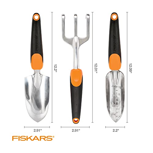 Fiskars 384490-1002 Garden Scratch Tool Set with Shovel, Hand Rake and Spade for Weed Removal, Digging, Gardening, Black/Orange