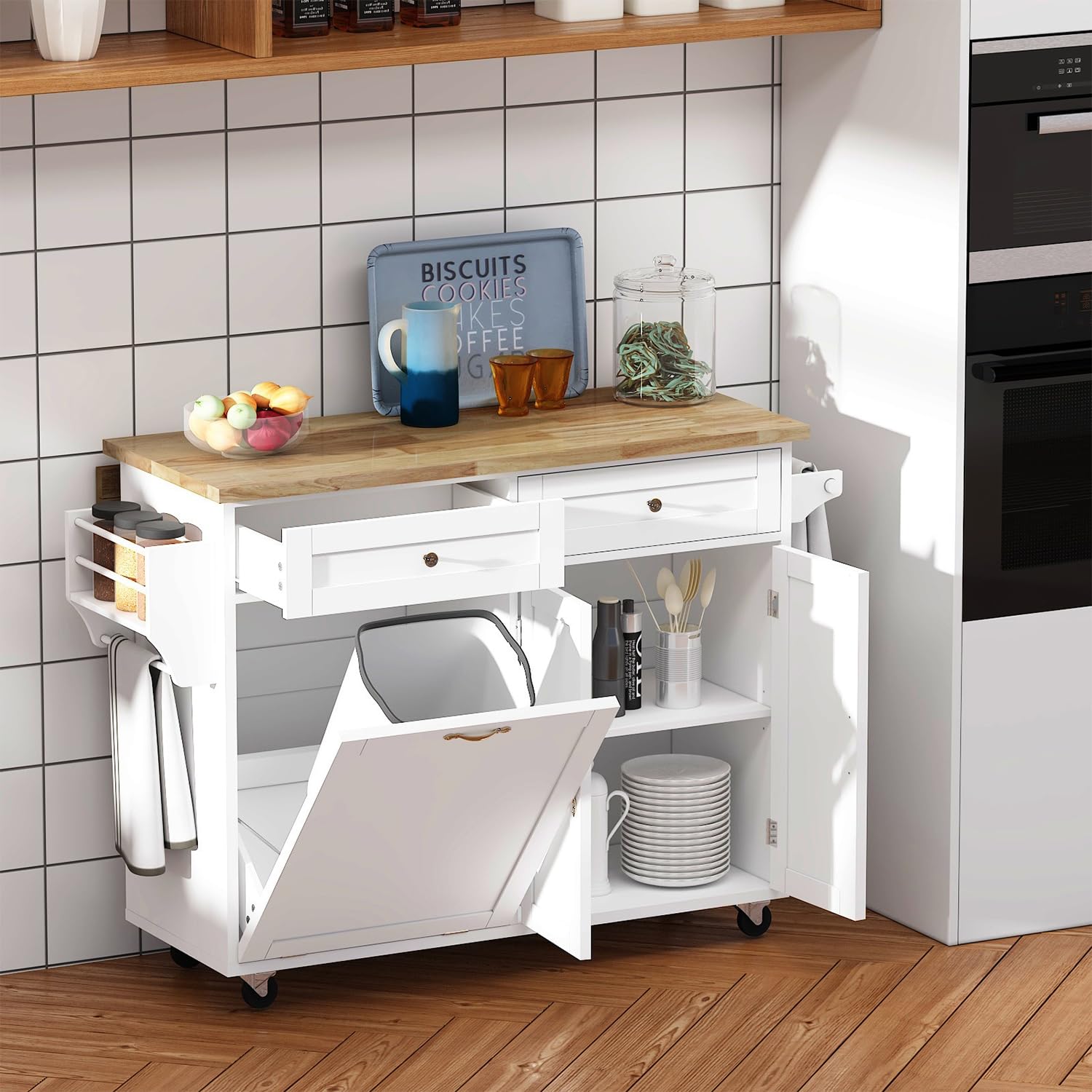 Large Kitchen Island with Drop Leaf,Kitchen Rolling Trash Cabinet Tilt Out 10 Gallon Storage W/2 Drawers,Movable Carts on Wheels with Spice Rack&Towel Rack for Home, Kitchen and Dining Room(White)