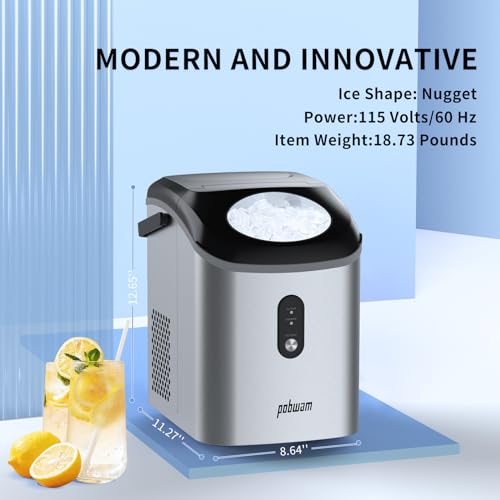 Pobwam Nugget Ice Maker Countertop Chewable Ice Maker Machine with Handle Self-Cleaning Ice Machine with Ice Scoop Ice Basket Ice Makers for Home/Kitchen/Party/33Lbs/24H Silver