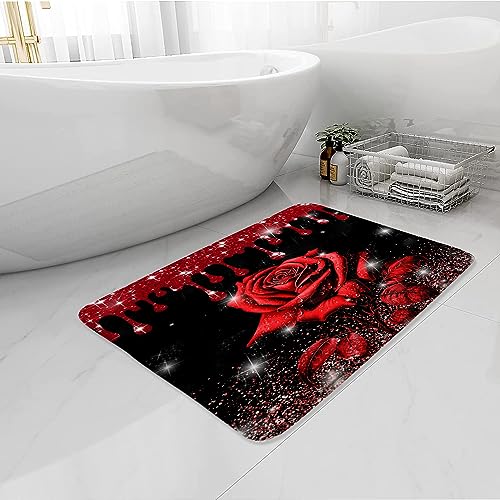 Red Rose Bath Mat Modern Fashion Black Art Dreamy Elegant Ladies and Girls Microfiber Memory Foam Bathroom Decor Mat 17.7X29.5 Inch