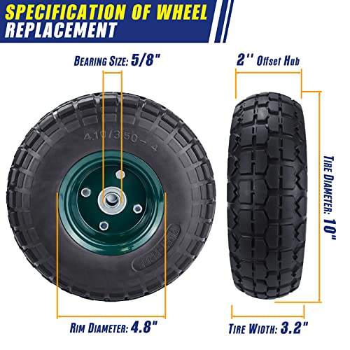 4 Pcs 10" Flat Free Tires Solid Pneumatic Tires Wheels, 4.10/3.50-4 Air Less Tires with 5/8" Center Bearings, for Wheelbarrow/Dolly/Garden Wagon Carts/Hand Truck/Wheel Barrel/Lawn Mower, 4 Pack
