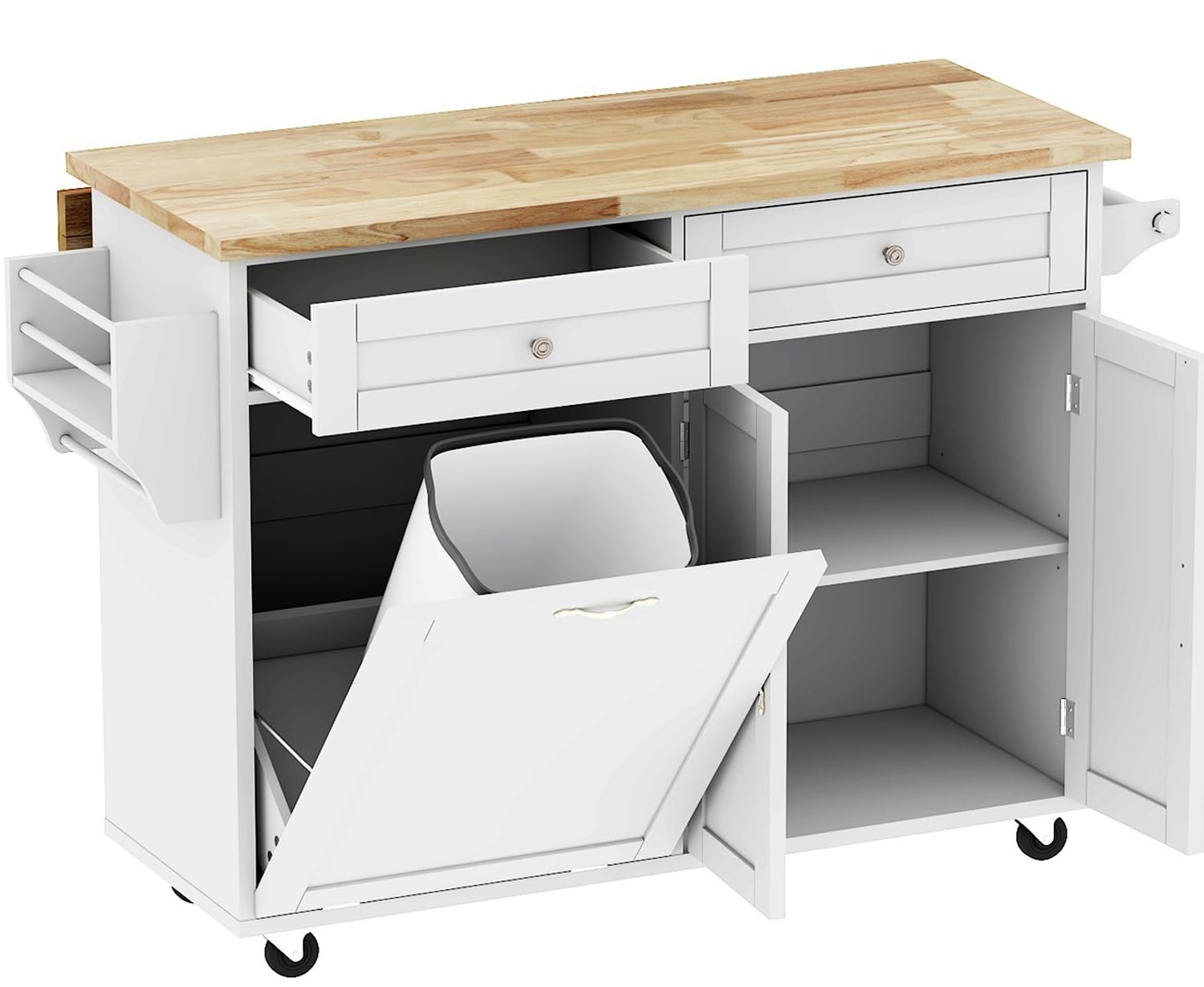 Large Kitchen Island with Drop Leaf,Kitchen Rolling Trash Cabinet Tilt Out 10 Gallon Storage W/2 Drawers,Movable Carts on Wheels with Spice Rack&Towel Rack for Home, Kitchen and Dining Room(White)