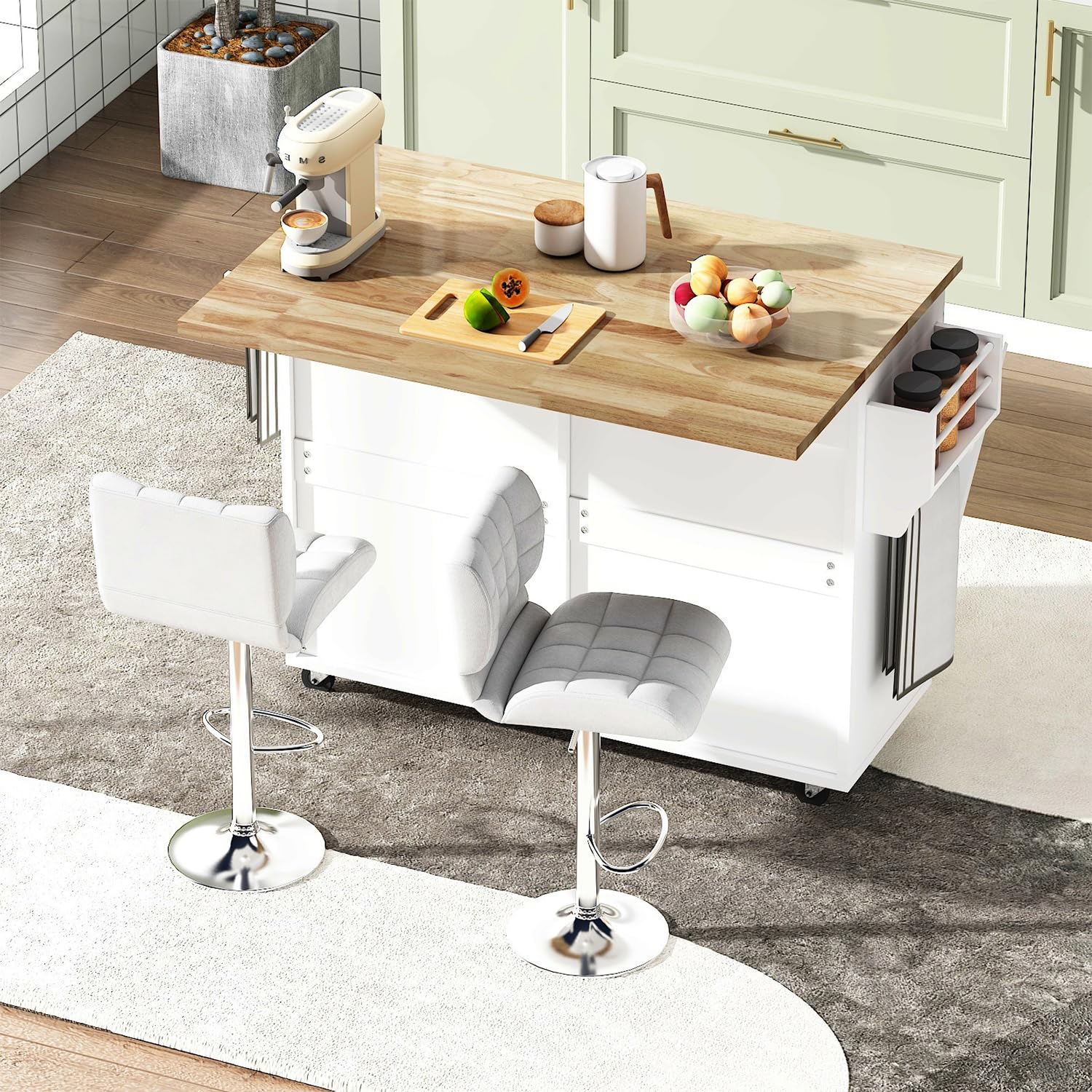 Large Kitchen Island with Drop Leaf,Kitchen Rolling Trash Cabinet Tilt Out 10 Gallon Storage W/2 Drawers,Movable Carts on Wheels with Spice Rack&Towel Rack for Home, Kitchen and Dining Room(White)