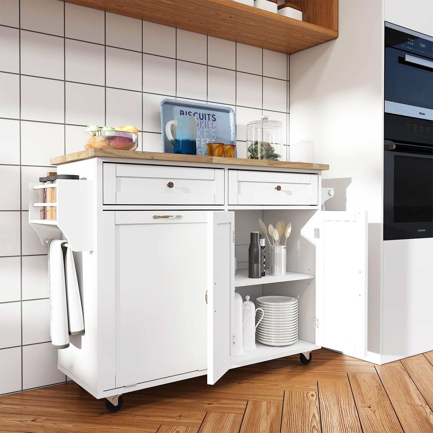 Large Kitchen Island with Drop Leaf,Kitchen Rolling Trash Cabinet Tilt Out 10 Gallon Storage W/2 Drawers,Movable Carts on Wheels with Spice Rack&Towel Rack for Home, Kitchen and Dining Room(White)