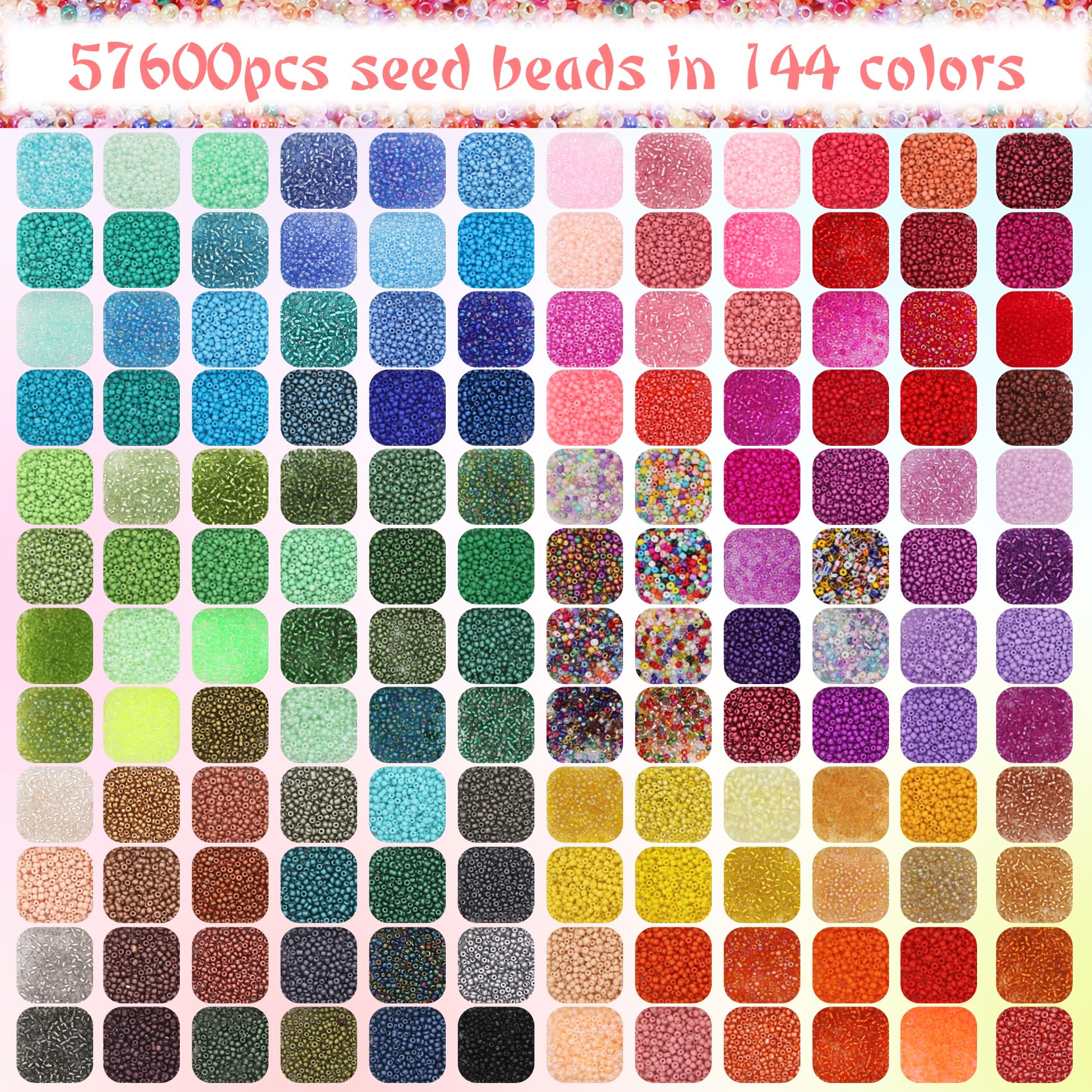 EuTengHao 57600pcs 2mm Glass Seed Beads Small Craft Beads for DIY Bracelet Necklaces Crafting Jewelry Making Supplies with Beading Needles Elastic Strings (144 Colors, 400Pcs Per Color)