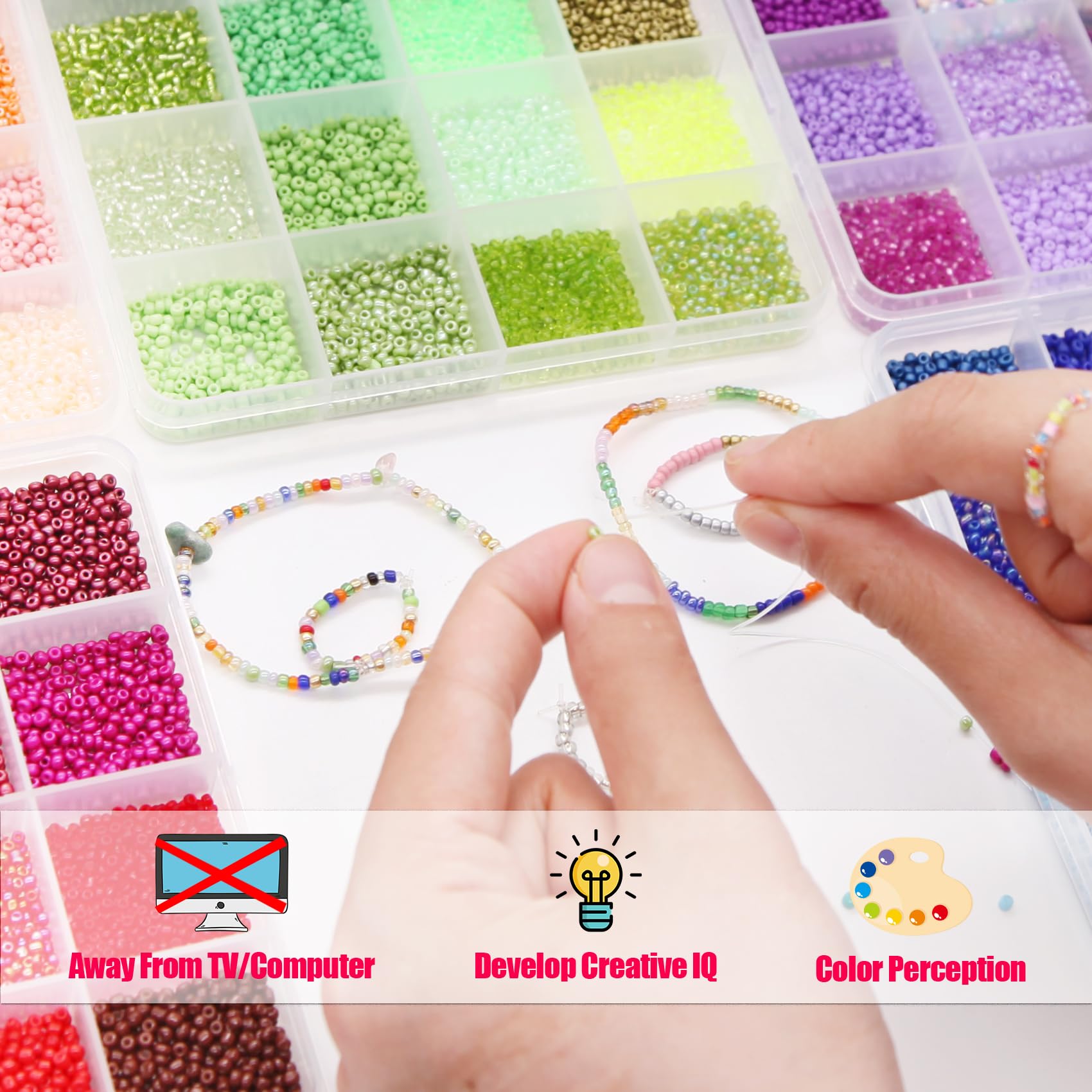 EuTengHao 57600pcs 2mm Glass Seed Beads Small Craft Beads for DIY Bracelet Necklaces Crafting Jewelry Making Supplies with Beading Needles Elastic Strings (144 Colors, 400Pcs Per Color)