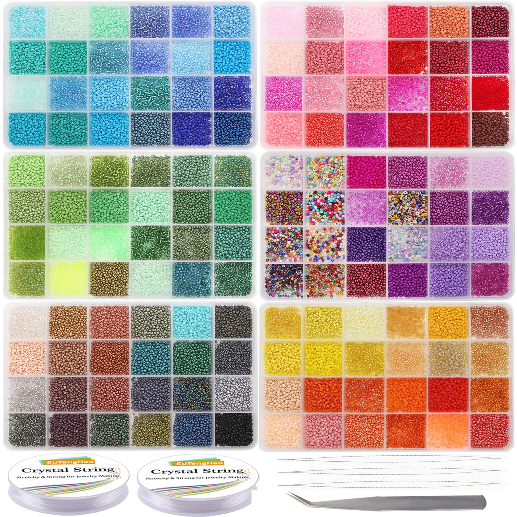 EuTengHao 57600pcs 2mm Glass Seed Beads Small Craft Beads for DIY Bracelet Necklaces Crafting Jewelry Making Supplies with Beading Needles Elastic Strings (144 Colors, 400Pcs Per Color)