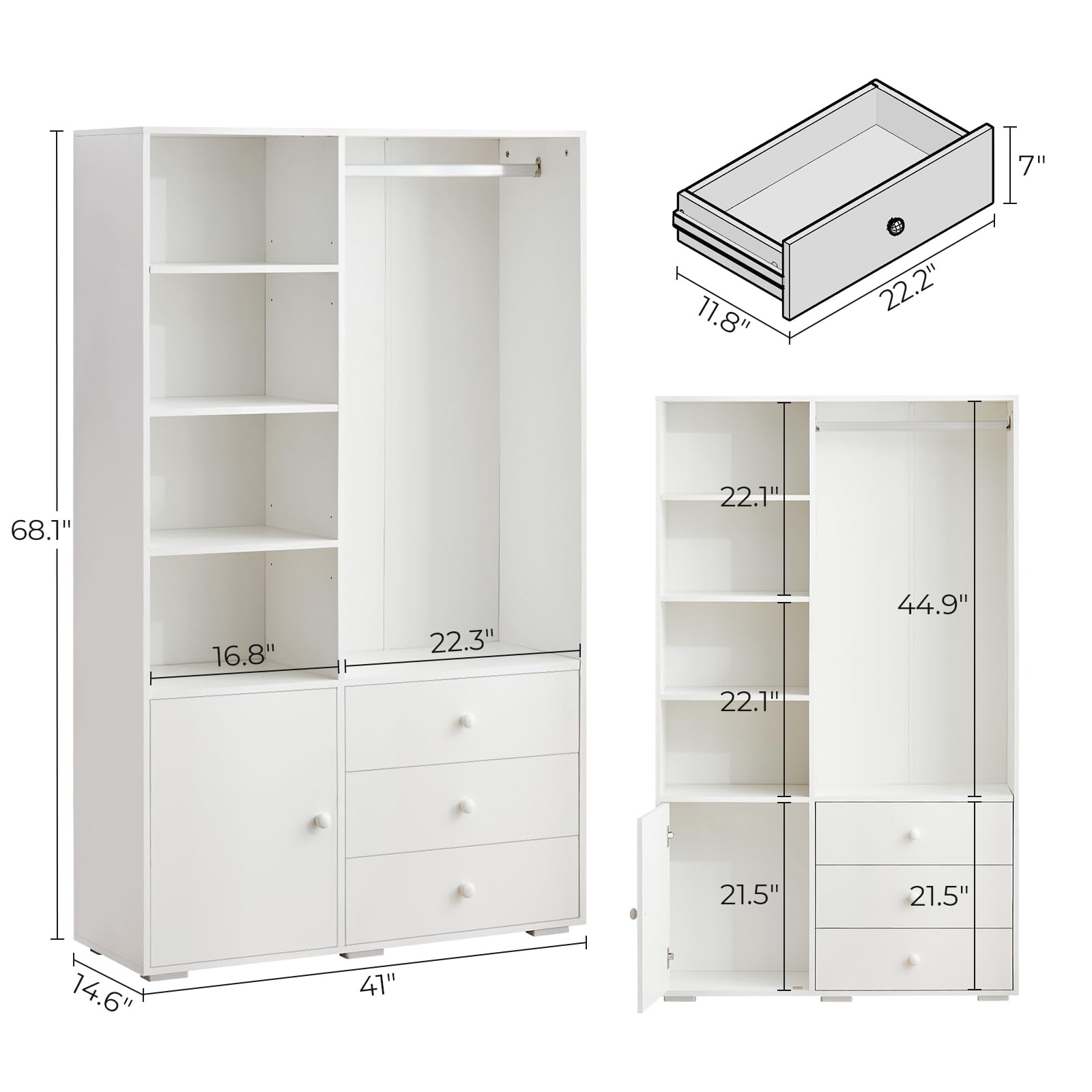 White Closet Shelves With Hanging Closet Kit - Closet Organizer System - Corner Closet System - Closet Organizers And Storage Shelves - Closet Shelving Closet Organizer For Home GYM 104 x 37 x 175CM