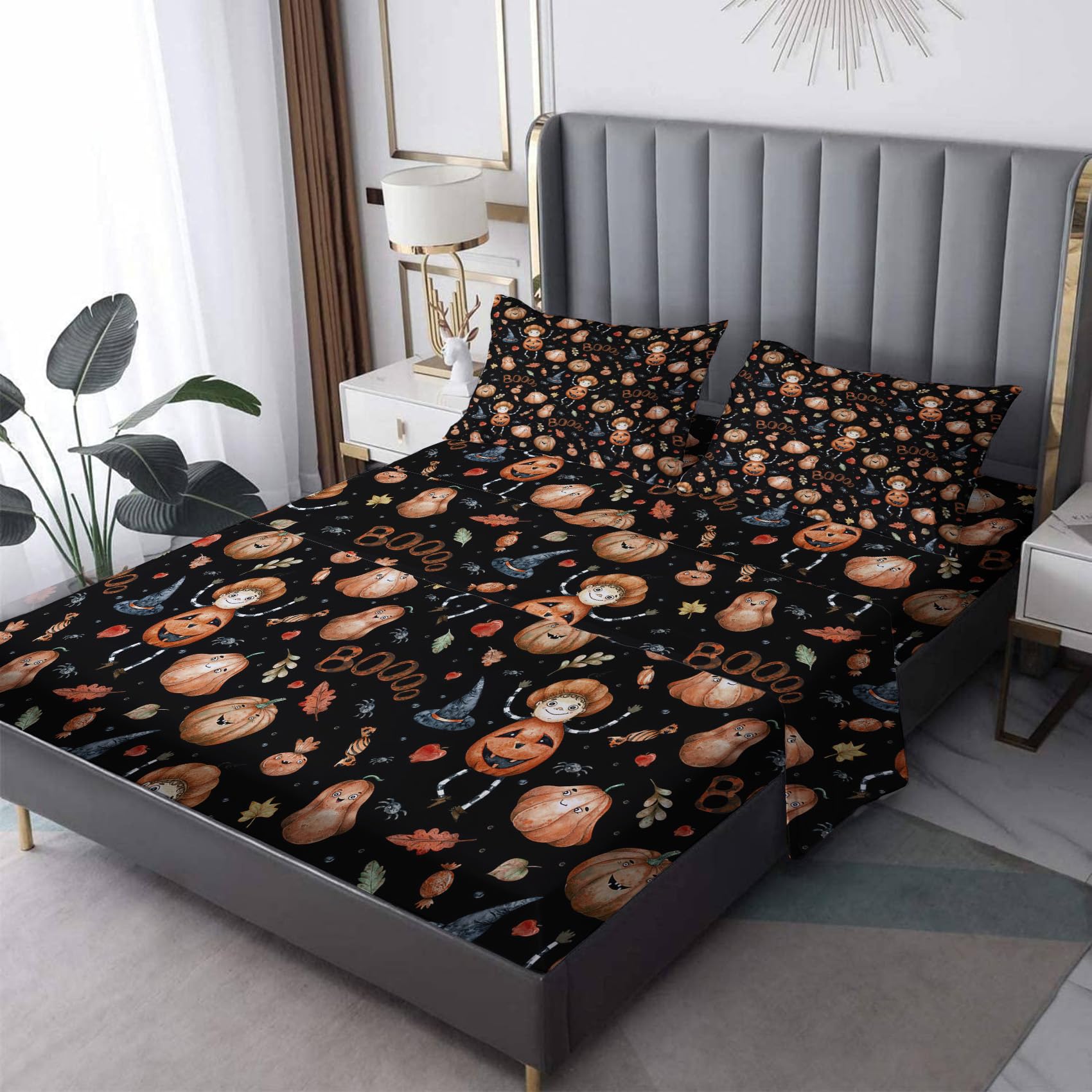 Halloween Sheets Full Size, Pumpkin Witch Bed Sheets, Patterned Bedding Sheets & Pillowcases 4 Piece Set - Soft Microfiber Deep Pocket Fitted Sheet & Flat Sheet & 2 Pillow Cases M8-&-205
