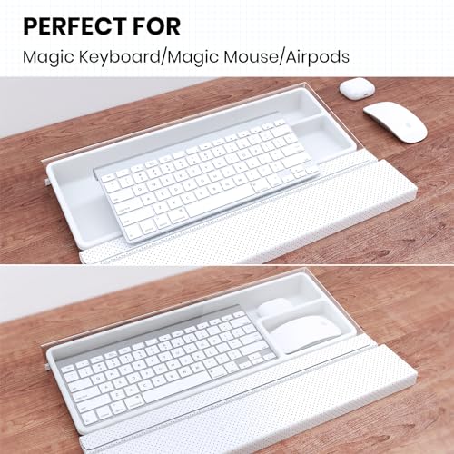 3 in 1 Keyboard Stand w/Wrist Rest and Storage Tray - Klearlook [Ultra Comfortable] PU Leather Wrist Pad & Acrylic Keyboard Riser, 16.9x7.3 inch Tilt Adjustable Computer Keyboard Stand Holder-White