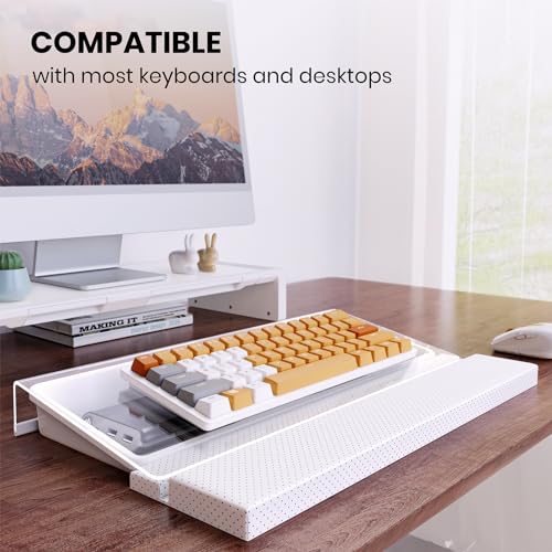 3 in 1 Keyboard Stand w/Wrist Rest and Storage Tray - Klearlook [Ultra Comfortable] PU Leather Wrist Pad & Acrylic Keyboard Riser, 16.9x7.3 inch Tilt Adjustable Computer Keyboard Stand Holder-White