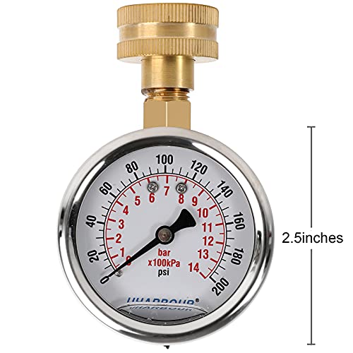 Water Pressure Gauge Kit Including Adaptors, UHARBOUR 2.5"Glycerin Filled Water Pressure Test Gauge with Brass Hose Fitting and Extra 6 Adapters for Multiple Use,0-200psi/14bar