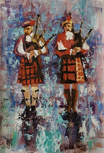 SOLD - Scotland the Brave, Scottish bagpipe players by Internationally Renowned Painter Yary Dluhos