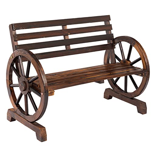 Vagowin Wagon Wheel Bench, Wooden Outdoor Bench 2-Person Seat, Rustic Patio Benches with Backrest for Porch, Garden Brown 19.7inchD x 41.3inchW x 30.3inchH