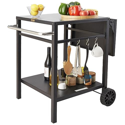 VEVOR Outdoor Grill Dining Cart with Double-Shelf, BBQ Movable Food Prep Table, Multifunctional Foldable Iron Table Top, Portable Modular Carts for Pizza Oven, Worktable with 2 Wheels, Carry Handle