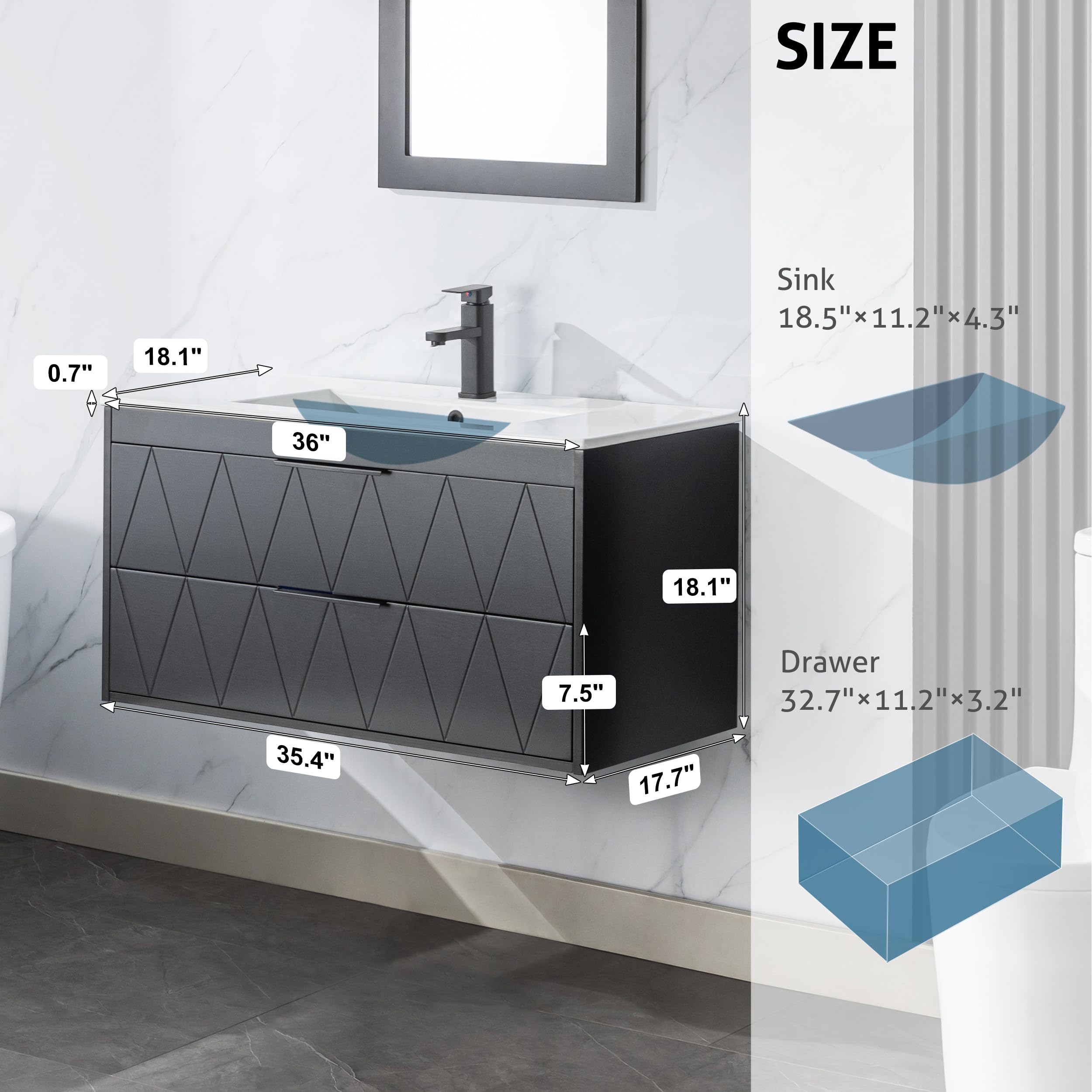 eclife 36" Bathroom Vanities Cabinet with Sink Combo, Wall Mounted Floating Cabient with Decoration Lines, Soft-Close System, 2 Extra Big Drawers, Matte Black Faucet, Black, THKFSF022