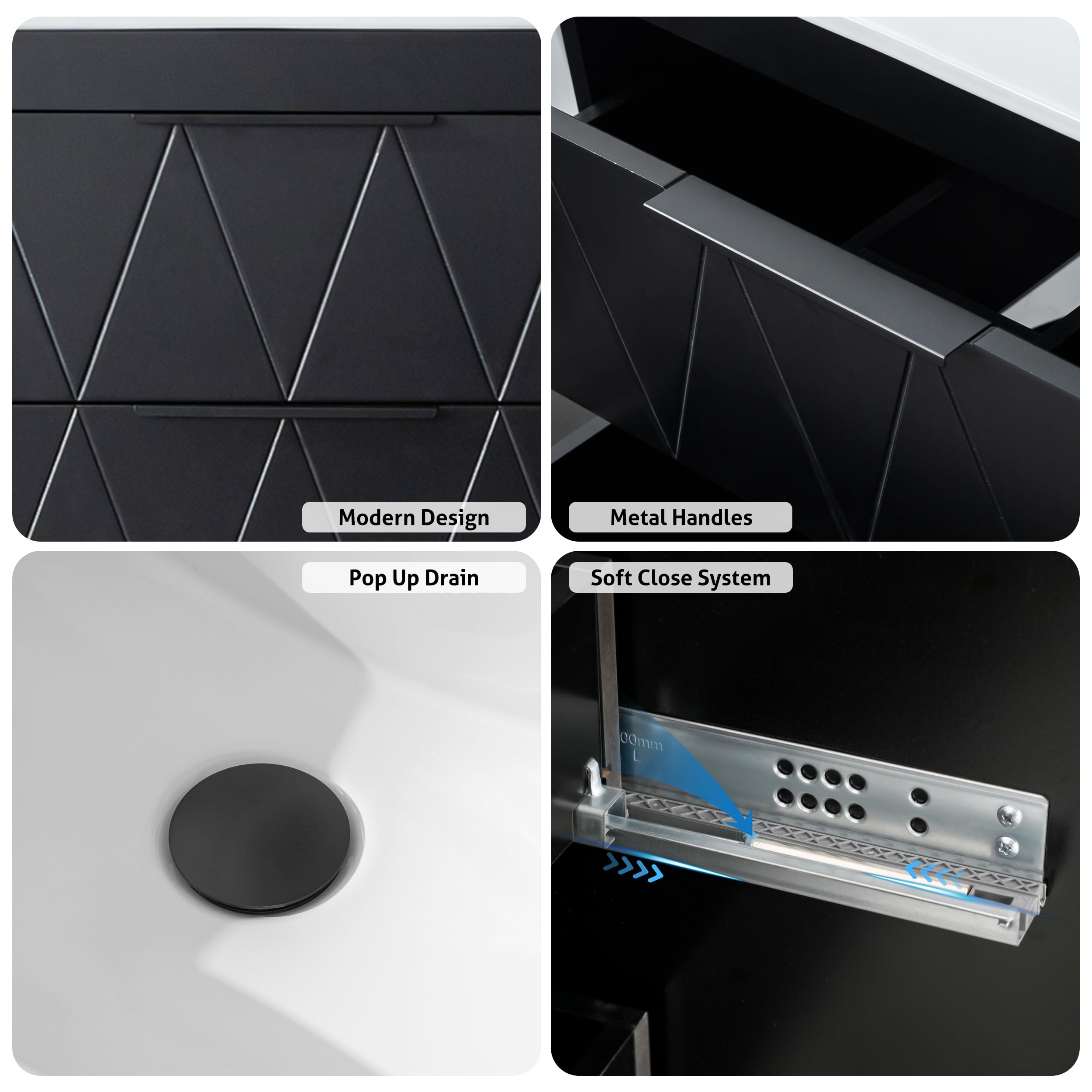 eclife 36" Bathroom Vanities Cabinet with Sink Combo, Wall Mounted Floating Cabient with Decoration Lines, Soft-Close System, 2 Extra Big Drawers, Matte Black Faucet, Black, THKFSF022