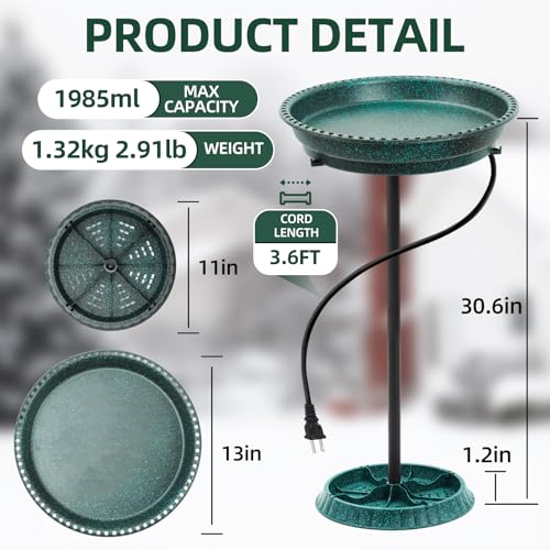 Heated Bird Bath for Outdoors for Winter, 75W Bird Bath Water Heater Bird Bath Deicer,Deep Bowl Thermostatic Control Weather Resistance Stylish Design with Planter Pedestal for All Seasons(Green)