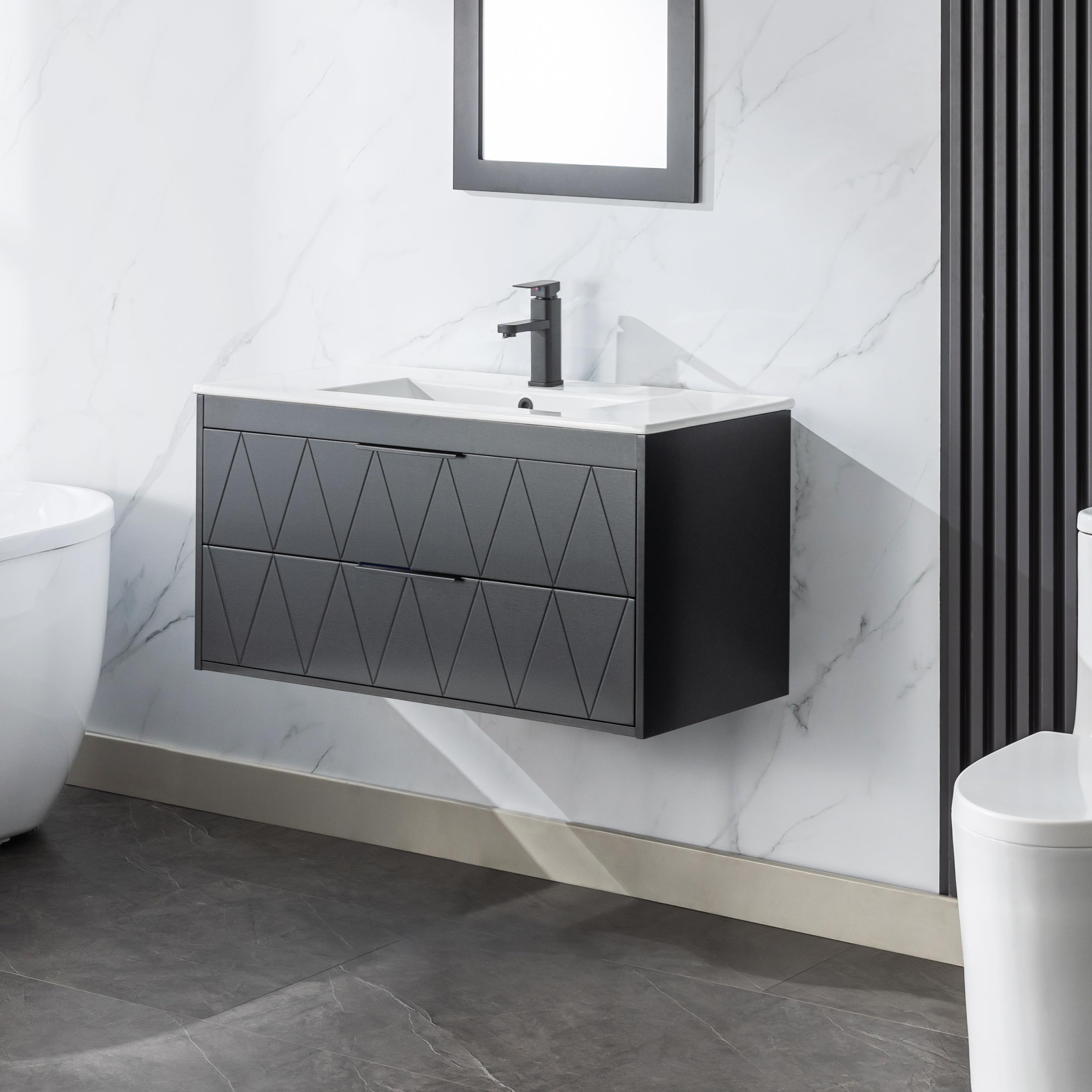 eclife 36" Bathroom Vanities Cabinet with Sink Combo, Wall Mounted Floating Cabient with Decoration Lines, Soft-Close System, 2 Extra Big Drawers, Matte Black Faucet, Black, THKFSF022