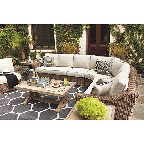 Signature Design by Ashley Beachcroft Farmhouse Outdoor Patio Wicker Curved Corner Chair, Beige