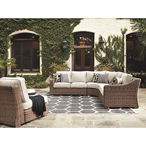 Signature Design by Ashley Beachcroft Farmhouse Outdoor Patio Wicker Curved Corner Chair, Beige