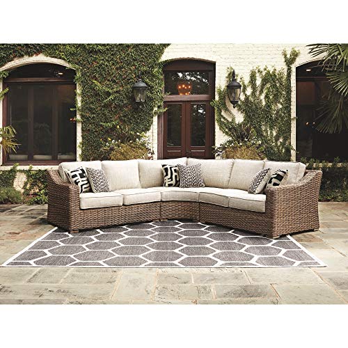 Signature Design by Ashley Beachcroft Farmhouse Outdoor Patio Wicker Curved Corner Chair, Beige