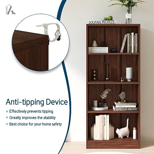 VICLLAX 4-Shelf Wooden Bookcase, 54.5" Height- Adjustable Open Bookshelf for Home Office, Walnut Standing Display Book Shelf