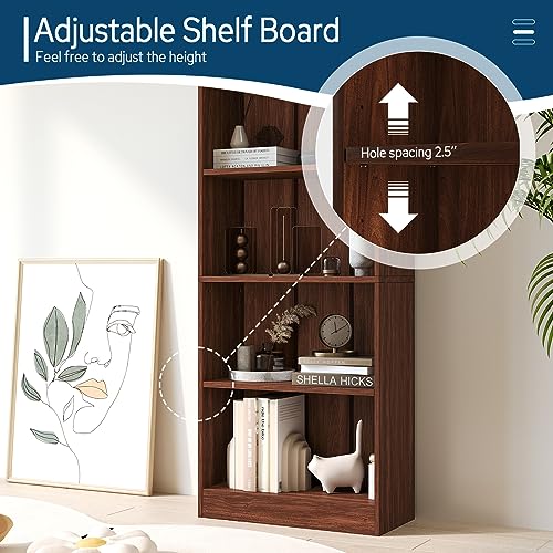 VICLLAX 4-Shelf Wooden Bookcase, 54.5" Height- Adjustable Open Bookshelf for Home Office, Walnut Standing Display Book Shelf