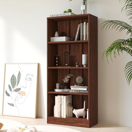 VICLLAX 4-Shelf Wooden Bookcase, 54.5" Height- Adjustable Open Bookshelf for Home Office, Walnut Standing Display Book Shelf