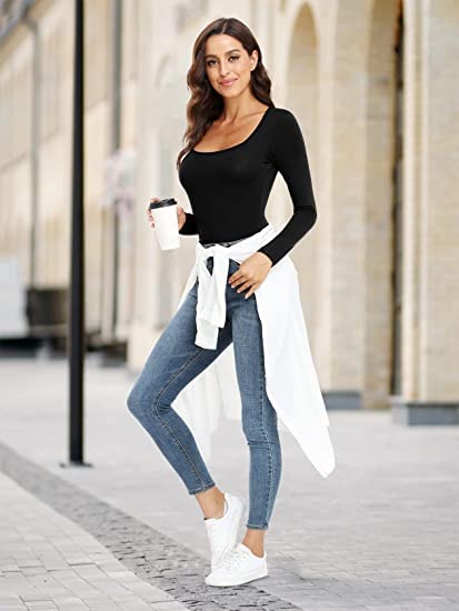 OQQ Women's 2 Piece Bodysuits Sexy Ribbed One Piece Square Neck Long Sleeve Tops Black Rose