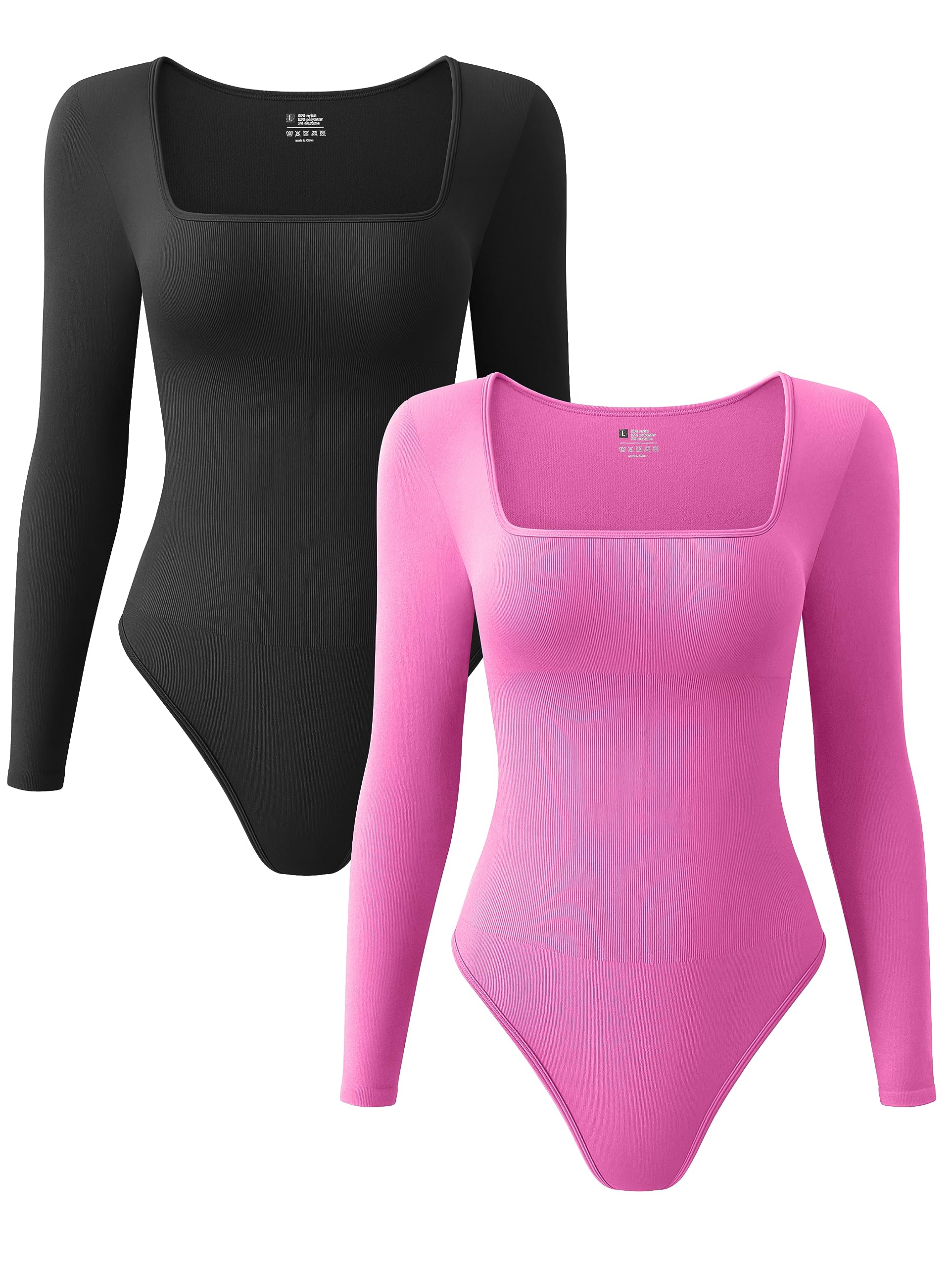 OQQ Women's 2 Piece Bodysuits Sexy Ribbed One Piece Square Neck Long Sleeve Tops Black Rose