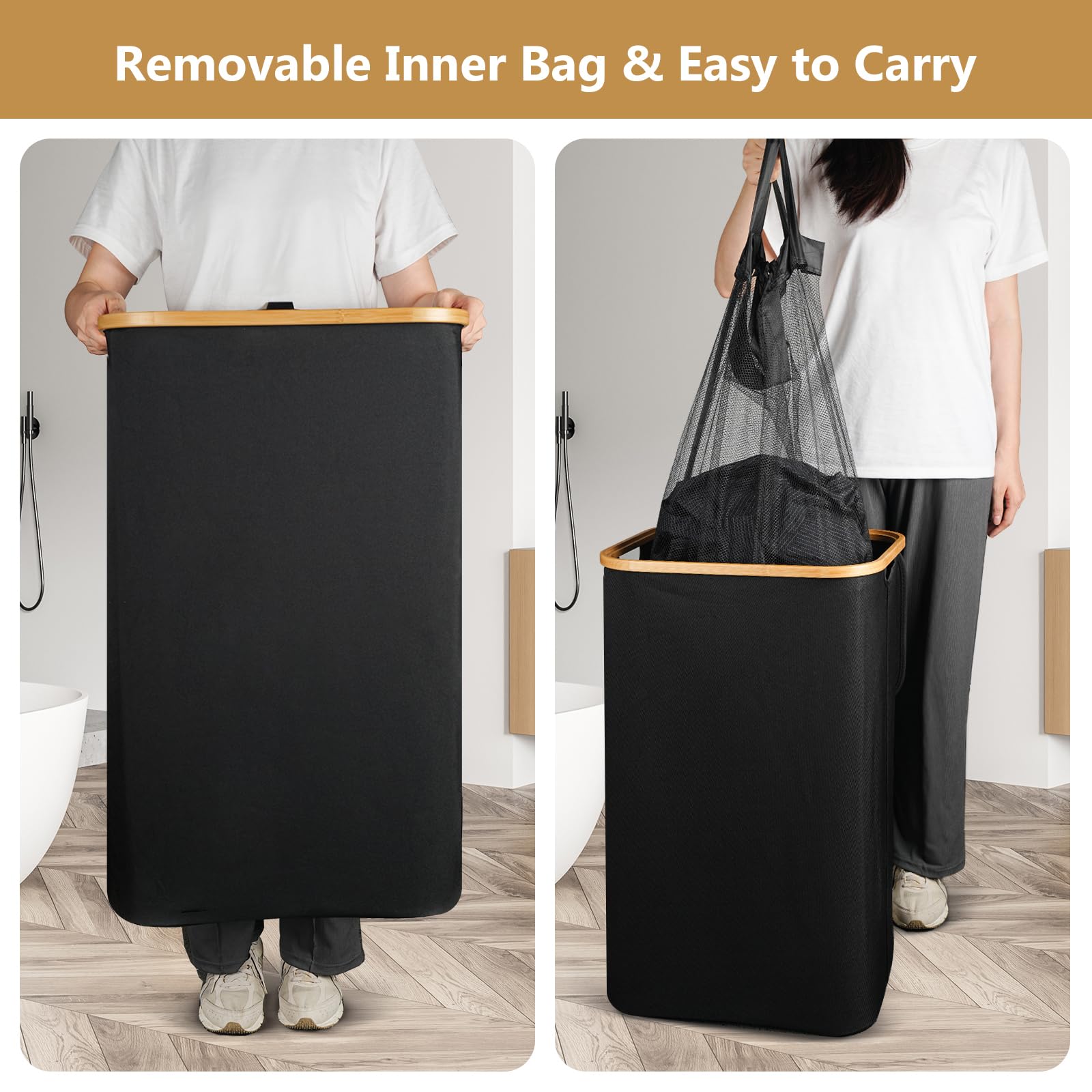 Upassion 110L Laundry Hamper with Lid, Large Laundry Basket with Lid and Handle, Collapsible Hampers for Laundry with Removable Inner Bag for Clothes Toys Towels - Black