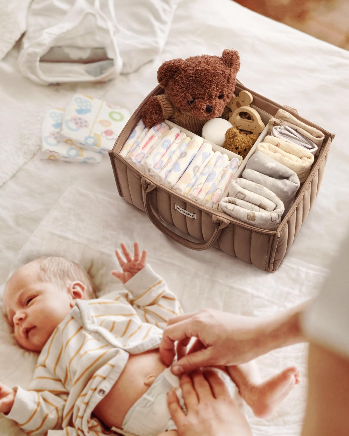 Blissful Diary Baby Diaper Caddy Organizer, Stylish Storage Basket for Newborn Essentials and Diaper Station, Gift for Baby Shower and Registry Must-Have, Mocha Brown