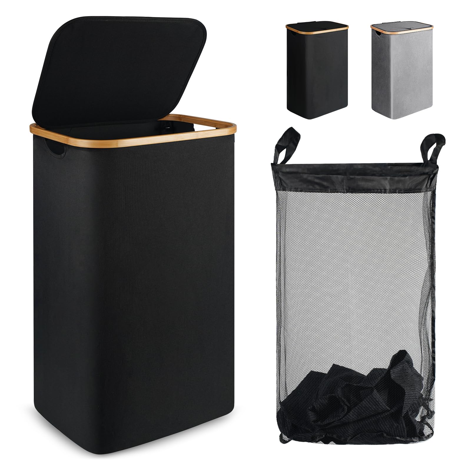 Upassion 110L Laundry Hamper with Lid, Large Laundry Basket with Lid and Handle, Collapsible Hampers for Laundry with Removable Inner Bag for Clothes Toys Towels - Black