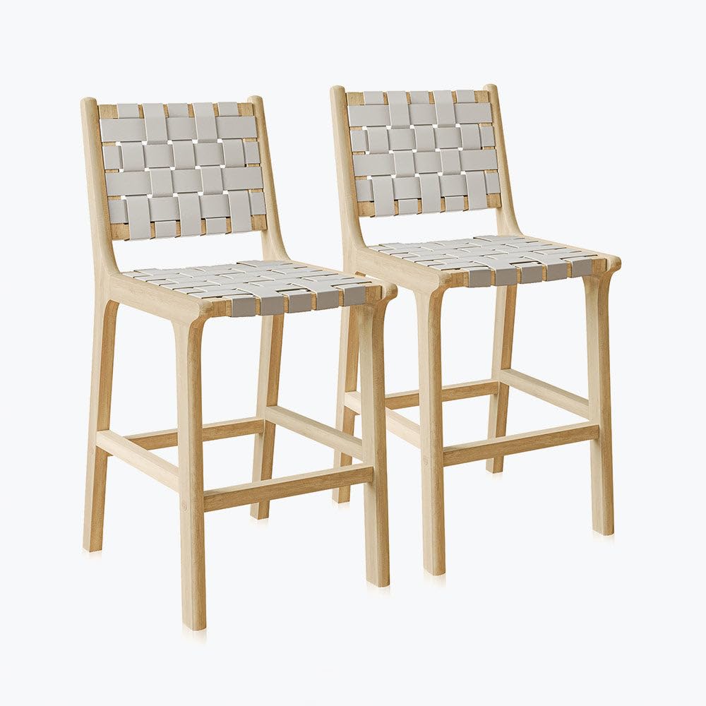 BELLEZE Woven Counter Stools 24 inch Set of 2, Boho Bar Stools with Back Faux Leather Kitchen Stools Island Chairs with Solid Wood Frame for Dining Room Home Kitchen - Morgan (White)