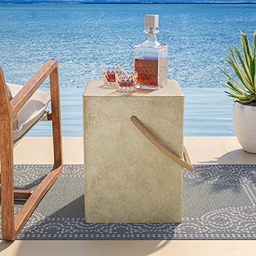 COSIEST Concrete Side Table, Rectangular Outdoor Side Table w Hemp Rope Handles,15''Patio Side Tables End Table, Outdoor Accent Side Table for Garden and Patio, Beige
