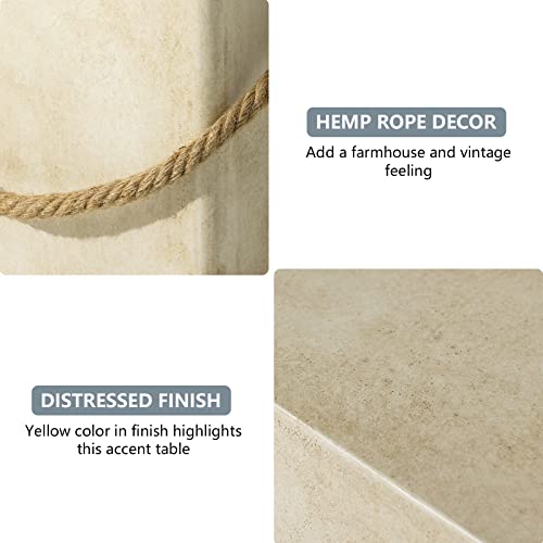 COSIEST Concrete Side Table, Rectangular Outdoor Side Table w Hemp Rope Handles,15''Patio Side Tables End Table, Outdoor Accent Side Table for Garden and Patio, Beige