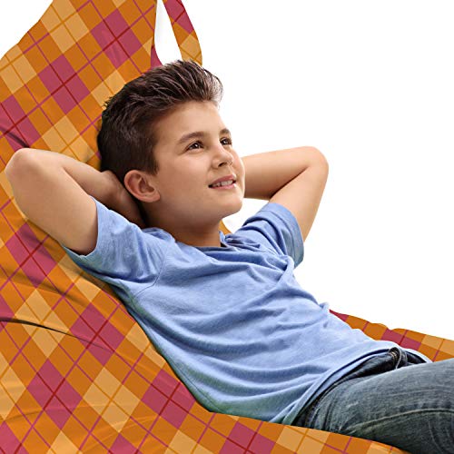 Lunarable Plaid Lounger Chair Bag, Diagonal Checkered Pattern with Rhombus-Like Shapes Vintage Design, High Capacity Storage with Handle Container, Lounger Size, Pale Orange Orange