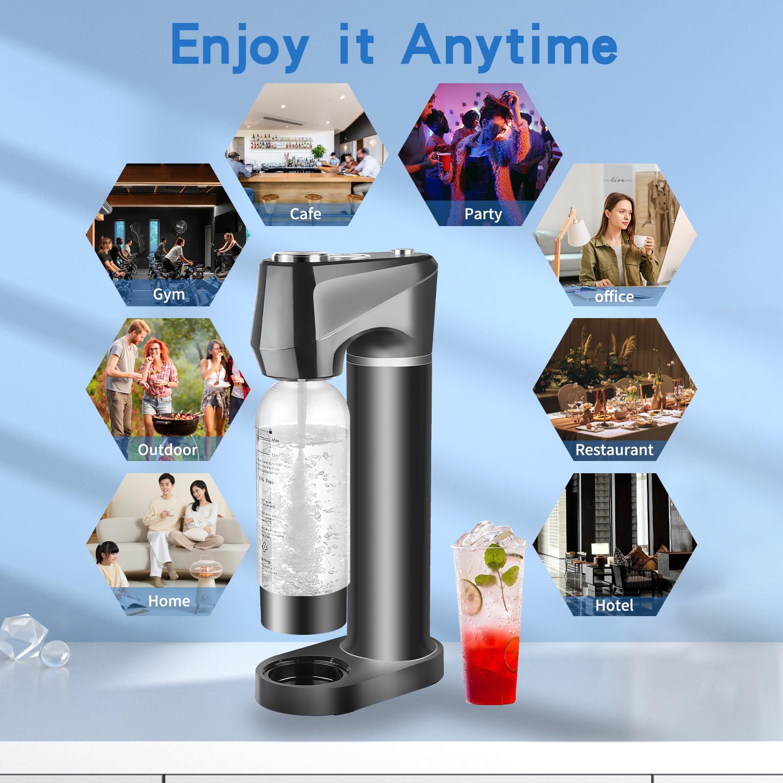 spoonlemon Sparkling Water Maker,Soda Streaming Machine for Home Use, Carbonated Water Machine with BPA Free 1L PET Bottle, Compatible with Any Screw-in 60L CO2 Exchange Carbonator, Black