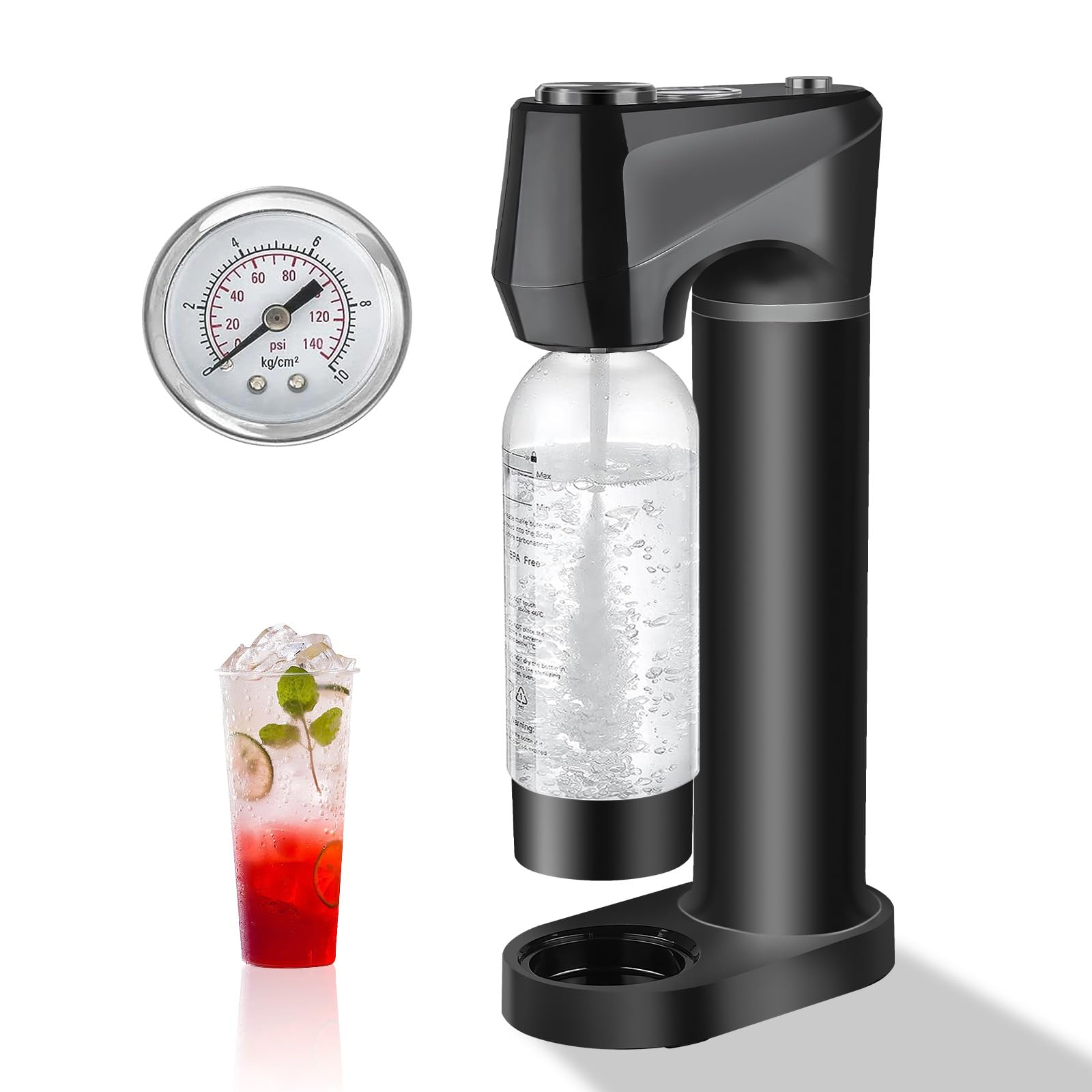 spoonlemon Sparkling Water Maker,Soda Streaming Machine for Home Use, Carbonated Water Machine with BPA Free 1L PET Bottle, Compatible with Any Screw-in 60L CO2 Exchange Carbonator, Black