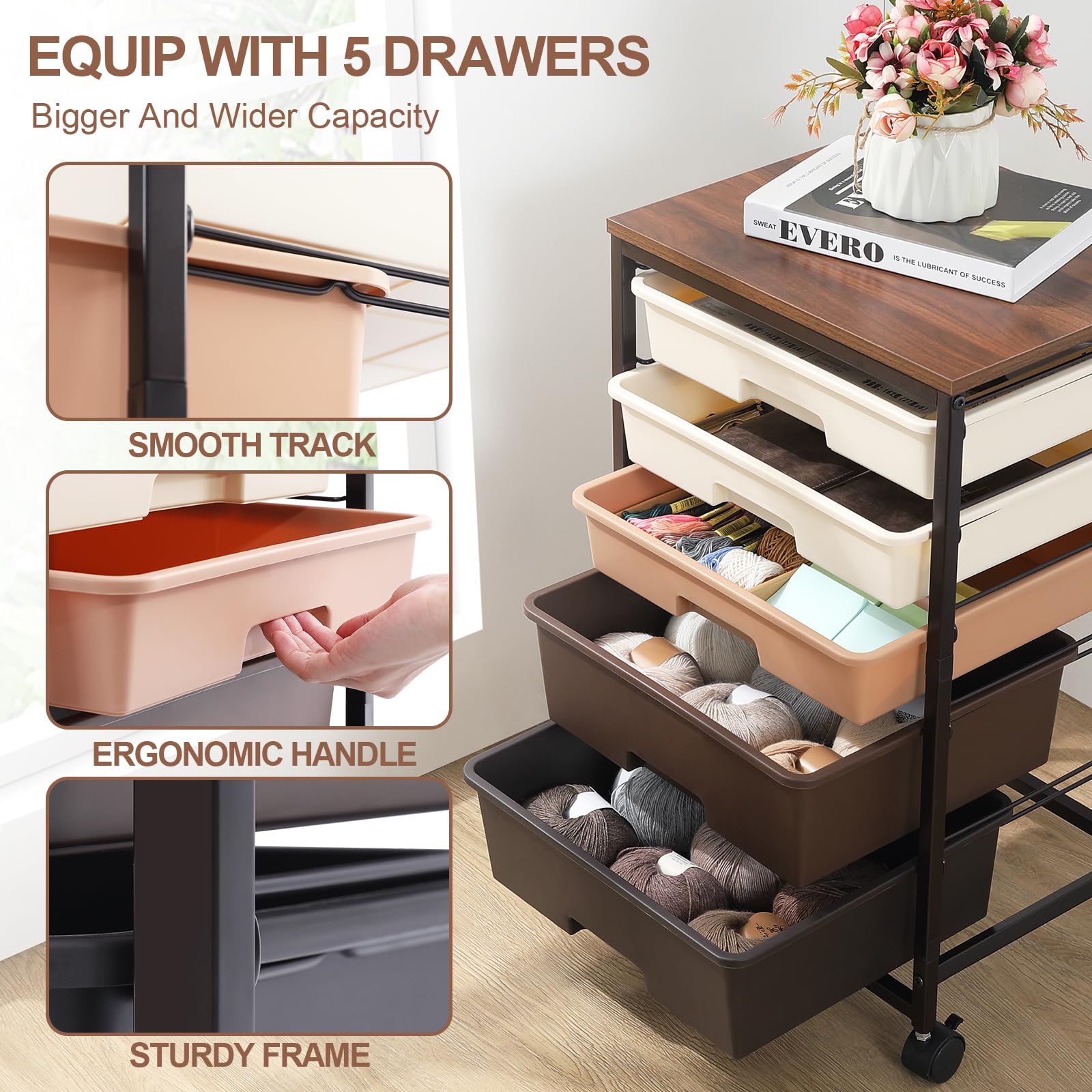 TOOLF Utility Cart with 5 Drawers,Storage Drawer Cart with Wooden Tabletop and Lockable Wheels,Craft Storage Trolley Cart,5-Tier Rolling Utility Cart on Wheels (Brown)