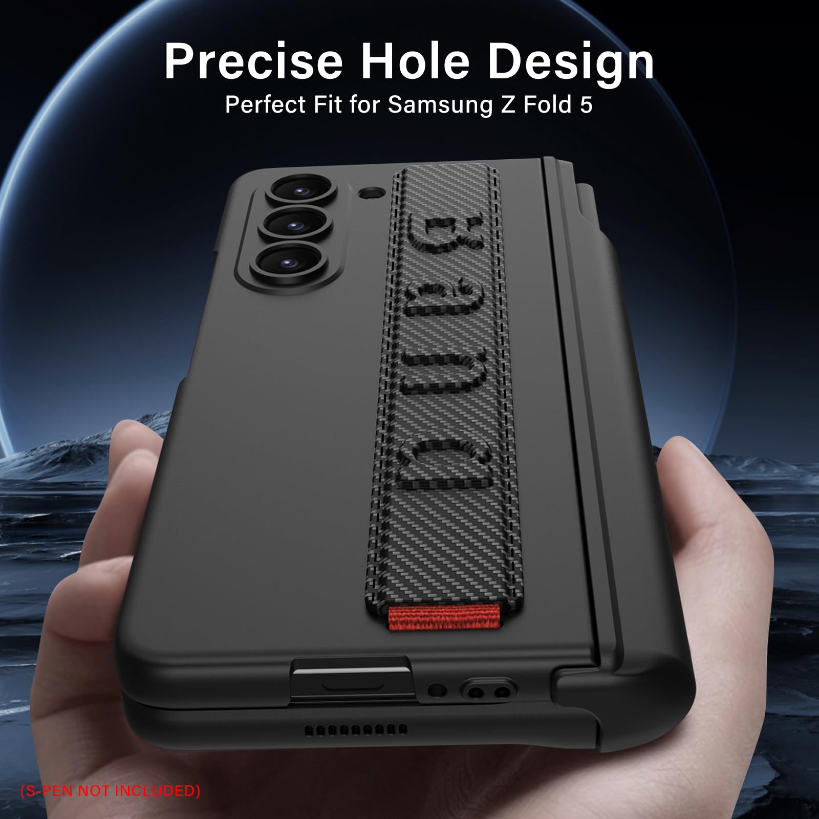 DEMCERT for Samsung Galaxy Z Fold 5 Case with [Fold5 Edition S-Pen Holder] [Wrist Band], Luxury PC Magnetic Shockproof Cover with Screen Protector for Samsung Galaxy Z Fold 5 5G (Carbon Fibre)