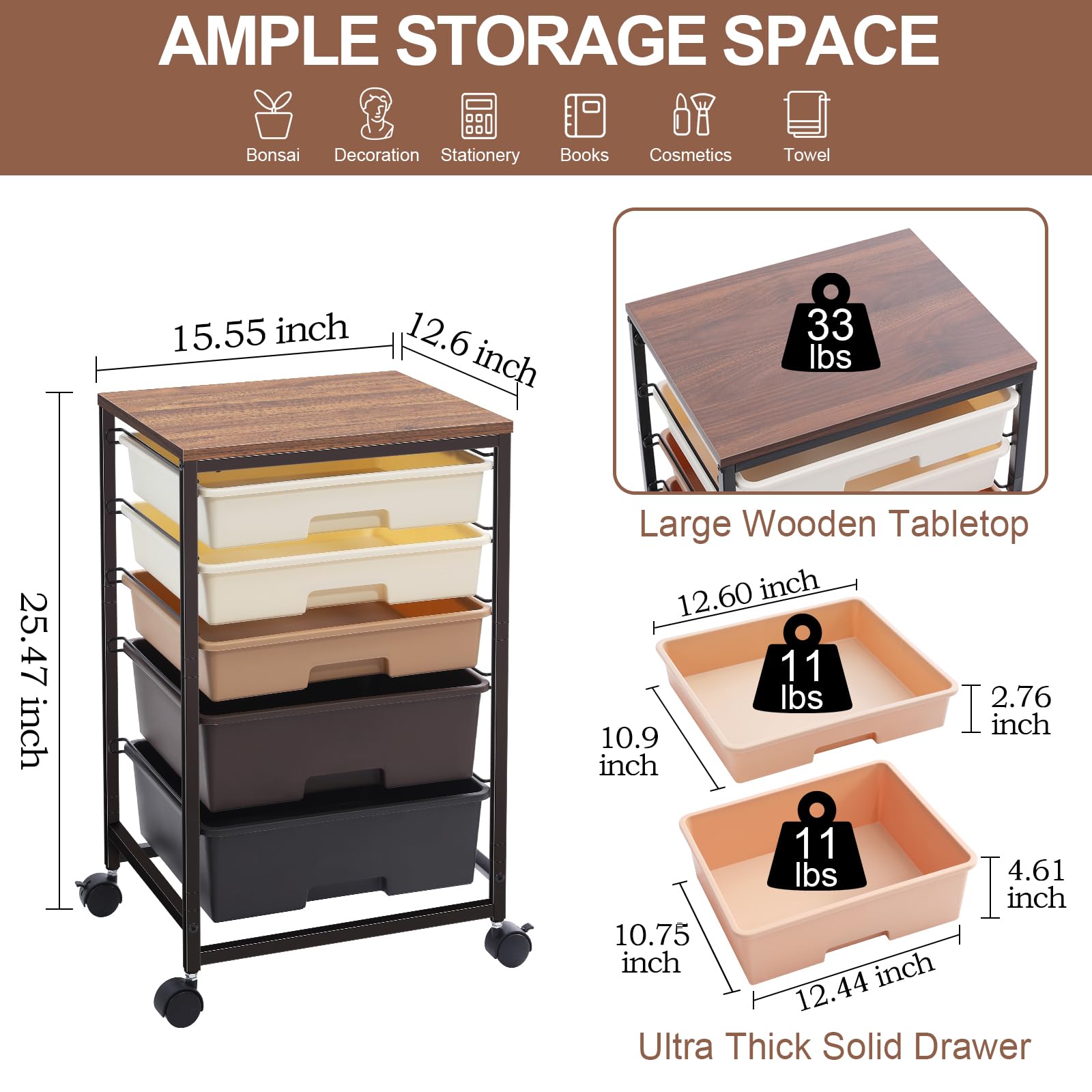 TOOLF Utility Cart with 5 Drawers,Storage Drawer Cart with Wooden Tabletop and Lockable Wheels,Craft Storage Trolley Cart,5-Tier Rolling Utility Cart on Wheels (Brown)