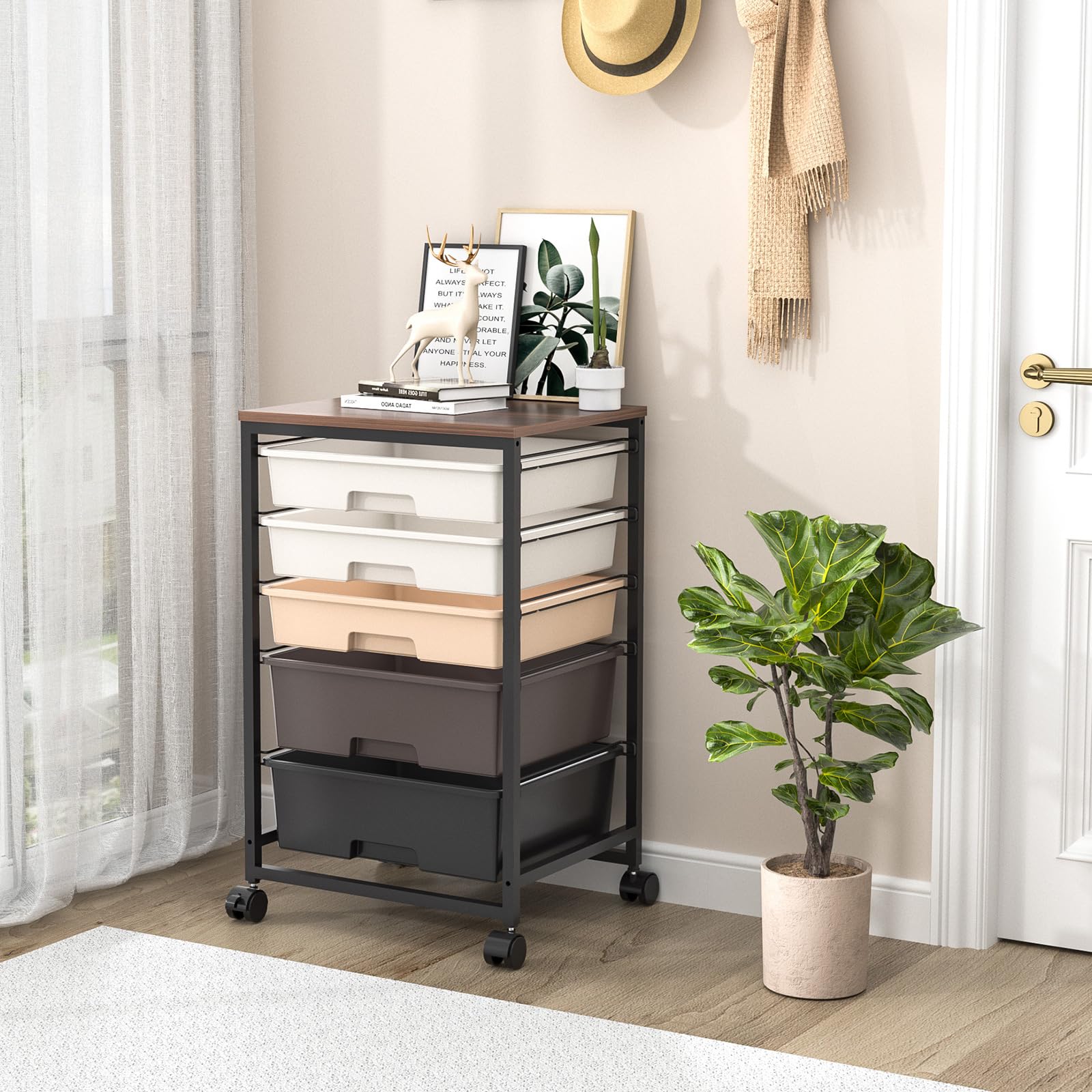 TOOLF Utility Cart with 5 Drawers,Storage Drawer Cart with Wooden Tabletop and Lockable Wheels,Craft Storage Trolley Cart,5-Tier Rolling Utility Cart on Wheels (Brown)